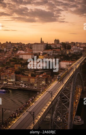 Dom Luis I Bridge at sunset, elevated view, Porto, Portugal Stock Photo ...