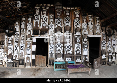 Traditional Naga village house front, decorated with tribal head ...