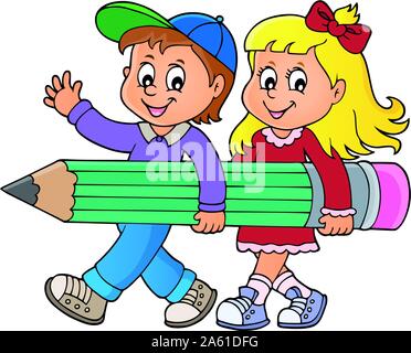Boy and girl holding big pencil illustration Stock Vector Image & Art ...