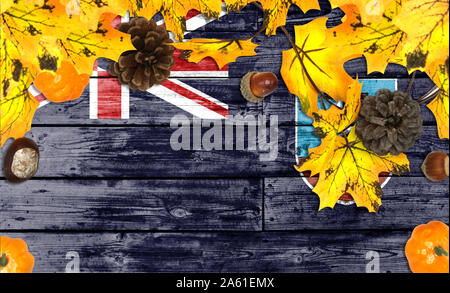 Montserrat flag on autumn wooden background with leaves and good place ...