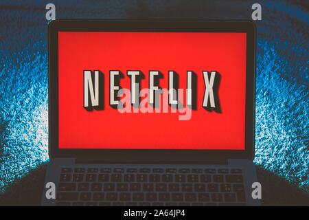 Logo of Netflix on laptop screen. Streaming service Netflix Stock Photo ...