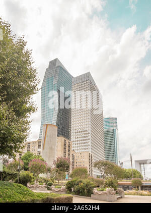 Modern office buildings (skyscrapers) EDF at night, La Defense, Paris ...