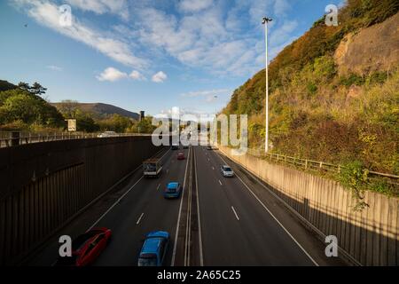 The dual-carriageway of the A470 heading north away from Cardiff, Wales ...