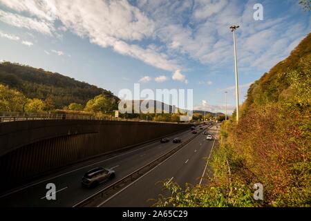 The dual-carriageway of the A470 heading north away from Cardiff, Wales ...