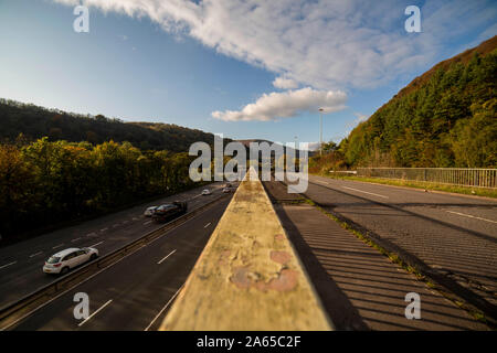 The dual-carriageway of the A470 heading north away from Cardiff, Wales ...