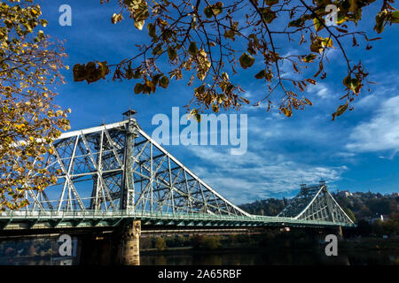 View over the Elbe river to the Loschwitzer Elbe Bridge "Blue Wonder ...