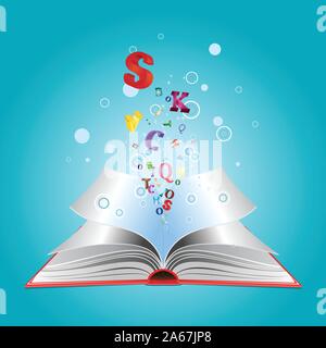 Opened book with colorful letters bursting out of it Stock Vector Image ...