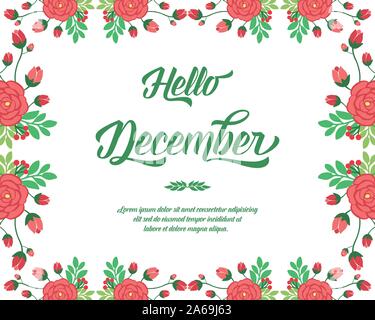 Modern lettering hello december, with drawing plant of red wreath frame ...