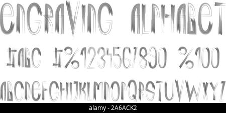 Engraving alphabet. Set of letters and numbers, font. Vector ...