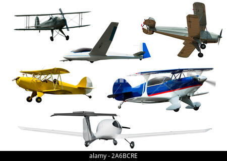 Collage of different modern airplanes isolated on white background ...