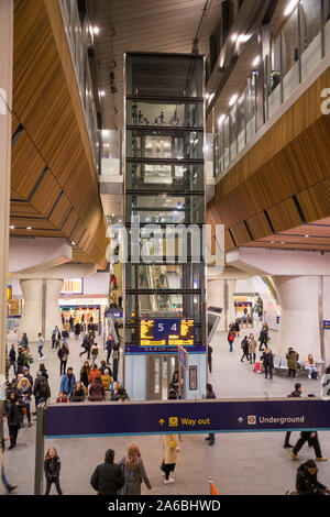 Glass lift in the platform area of Kings Cross Railway Station, London ...