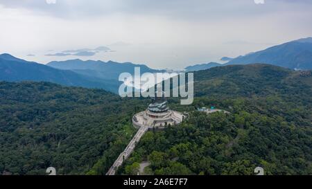Aerial view of the Lantau island bridge and the ocean in Hong Kong on a ...