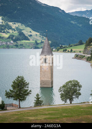 Church tower in Lake Reschen, Graun, Reschen Pass, Vinschgau, South ...