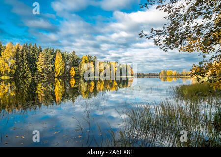 Beautiful autumn morning landscape of Kymijoki river waters and pier in ...