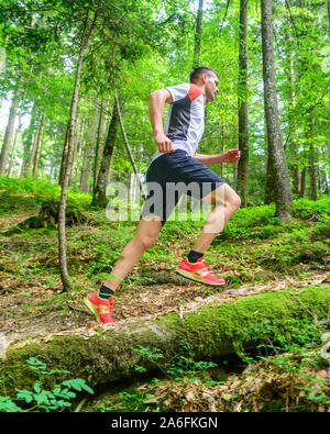 Young person jogging in forest - strenuous workout in summertime Stock ...