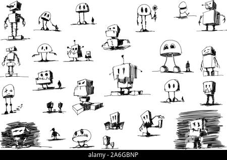 many hand drawn sketches and drawings of funny cartoon robots and ...
