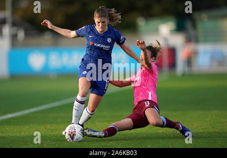 Chelsea Women's Maren Mjelde (left) and West Ham Women's Martha Thomas ...
