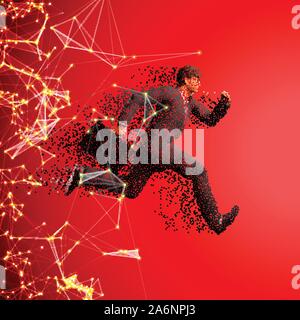 Running businessman with case made of scattered balls. Triangles and ...