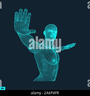 Vector man with hand up to stop. Human showing stop gesture. 3D model ...
