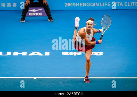 Aryna Sabalenka serves during final match against Coco Gauff of USA of ...