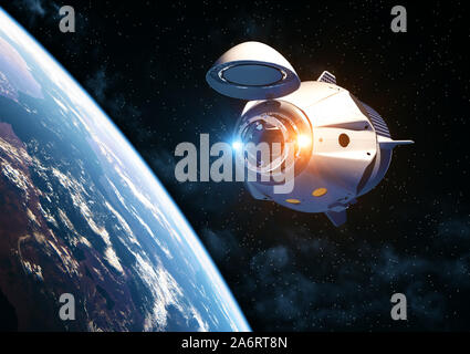 Commercial Spacecraft With Open Docking Hatch In Outer Space. 3D ...
