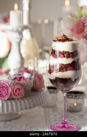 Traditional Latvian dessert. Rye bread dessert in plastic cup with ...