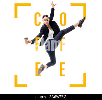 elegant businesswoman dancing while holding coffee to go and newspaper ...