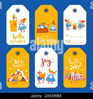 Winter sale six labels with cute elf characters Stock Vector Image ...