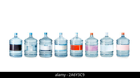 Eight plastic water bottles with blue lids in a row Stock Photo - Alamy