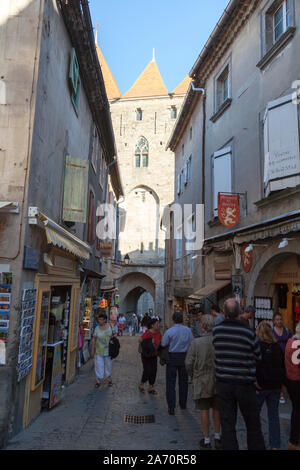 Shops in the medieval walled city (Cite) of Carcassonne, Languedoc ...