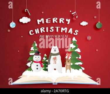 Paper cut open book, tree of knowledge, science and school subjects symbols, vector illustration ...