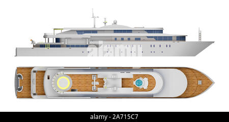 A top view of a 3D rendering of a yacht isolated on a grey background ...
