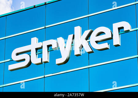 Stryker sign and logo at medical technologies firm Stryker Corporation ...