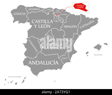 Castilla and Leon red highlighted in map of Spain Stock Photo - Alamy