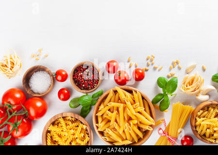 ingredients for italian cousine flat lay, pasta spaghetti penne fusilli ...