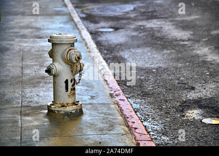 weathered fire hydrant adjacent to the street curb in San Francisco ...