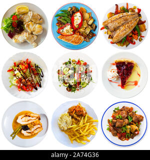 Collage of meals from different cuisines on round plates isolated on ...