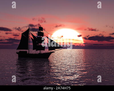 old ship at sea sunset, 3d render illustration Stock Photo - Alamy