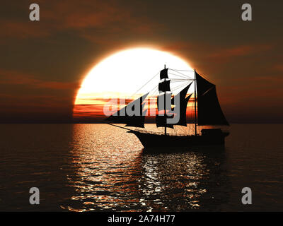 old ship sunset at sea, 3d render Stock Photo - Alamy