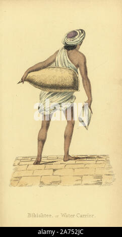 Bihishtee or water carrier, with mushk of panee (goatskin water bag ...