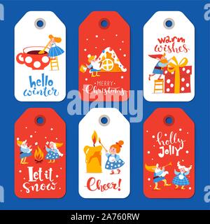 Winter sale six labels with cute elf characters Stock Vector Image ...