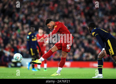 Liverpool’s Alex Oxlade-Chamberlain scores his sides second goal during ...