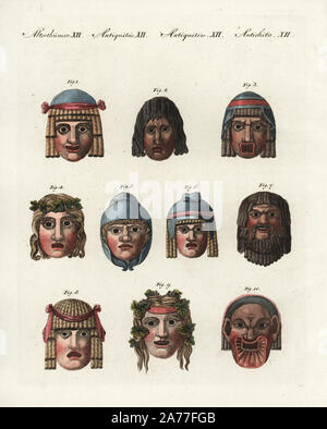 Masks from ancient Greek theatre. A slave in short tunic makes an ...