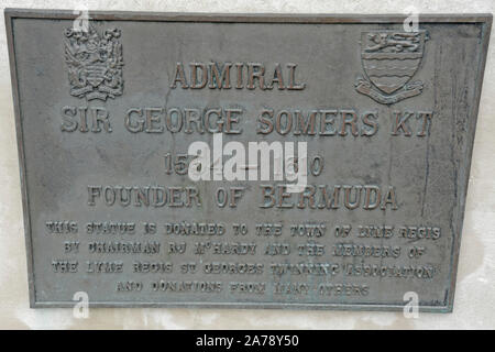 Memorial statue of Sir George Somers in Langmoor & Lister Gardens, Lyme Regis, beneath a statue ...
