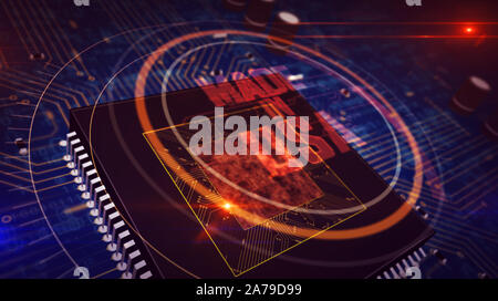 Made in USA glowing hologram over working cpu in background. Modern and ...