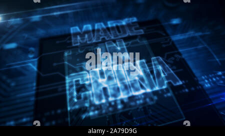 Made in China glowing hologram over working cpu in background. Modern ...
