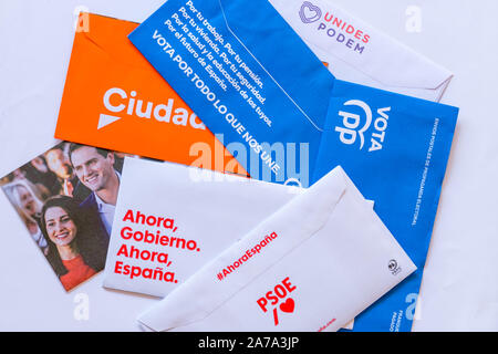 Spanish presidential Elections advertising envelopes. PSOE, VOX, PP and ...