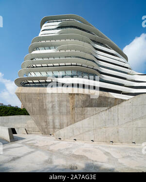 Exterior of modern architecture of PolyU School of Design Jockey Club Innovation Tower at Hong ...
