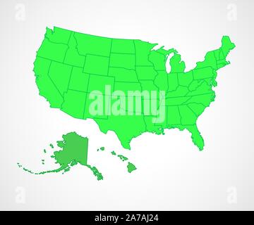 Green simplified map of USA, United States of America. Retro style ...