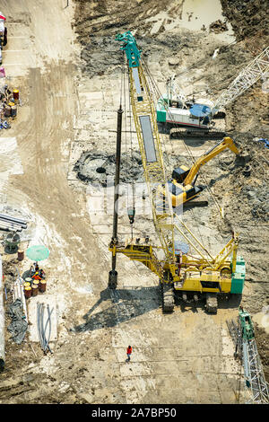 Aerial view of concrete bored pile foundation work on a construction ...